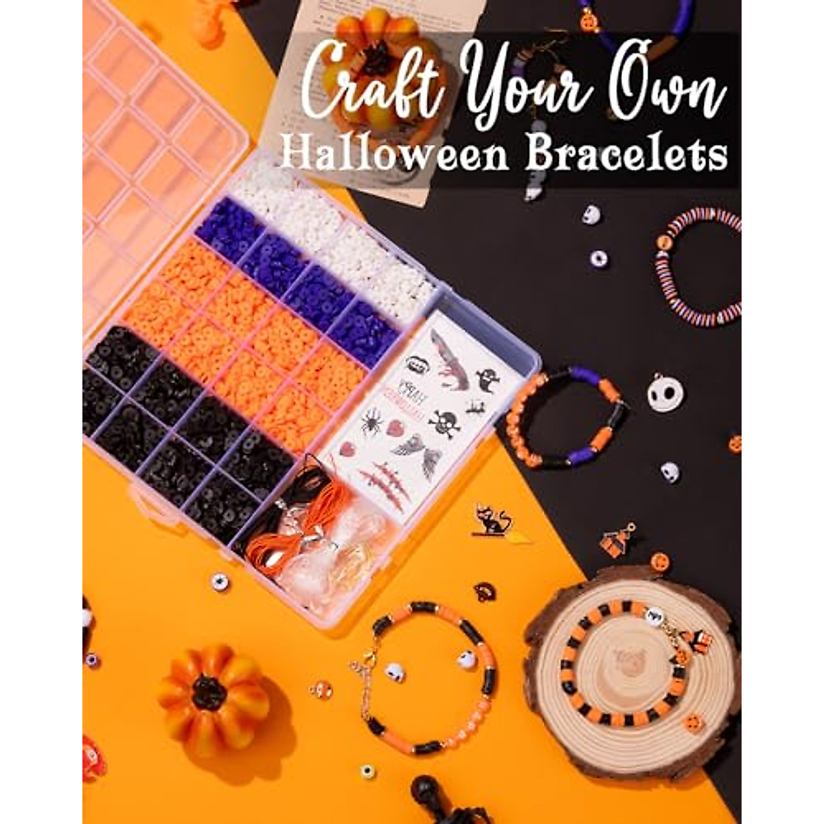 Goldwise Halloween Beads Friendship Bracelet Kit,2 Boxes with Halloween Clay Beads and Orange Letter Beads (A-Z) for Jewelry Making, Varieties of Halloween Charms Jewelry Making,DIY Crafts for Gifts