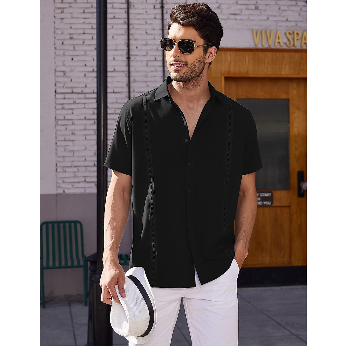 COOFANDY Men's Casual Button Down Shirts Short Sleeve Cotton Tops Resort Wear Summer Beach Shirt A-Black
