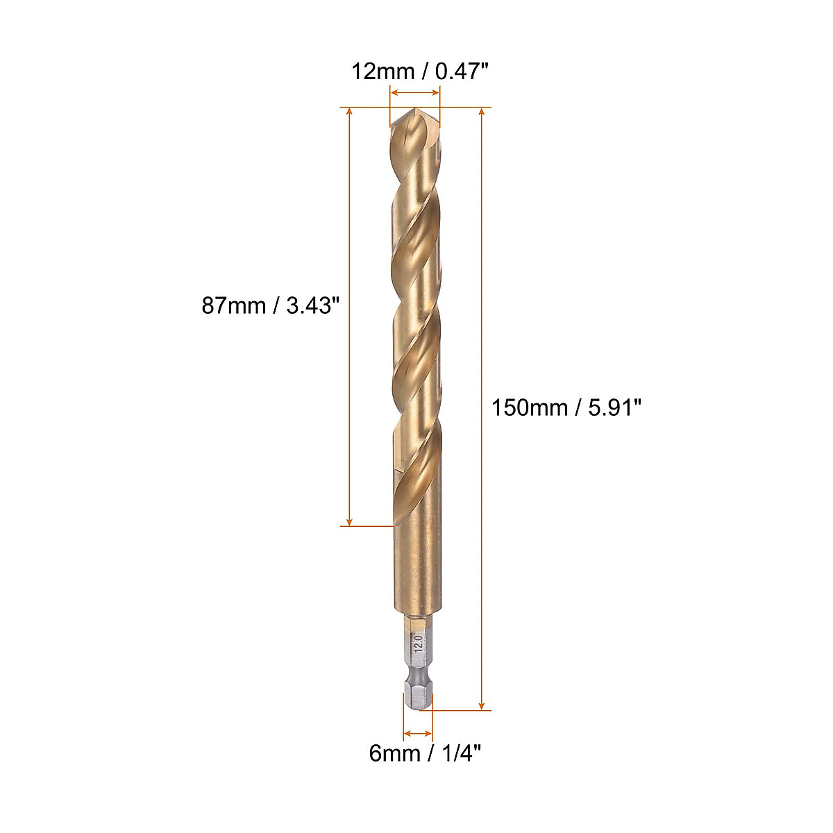 HARFINGTON 1/4" Hex Shank Drill Bit 12mm Titanium Drill Bits Set M35 High Speed Steel Twist Drill Bit 150mm Long Fully Ground for Wood, Stainless Steel, Metal, Plastic Plastic