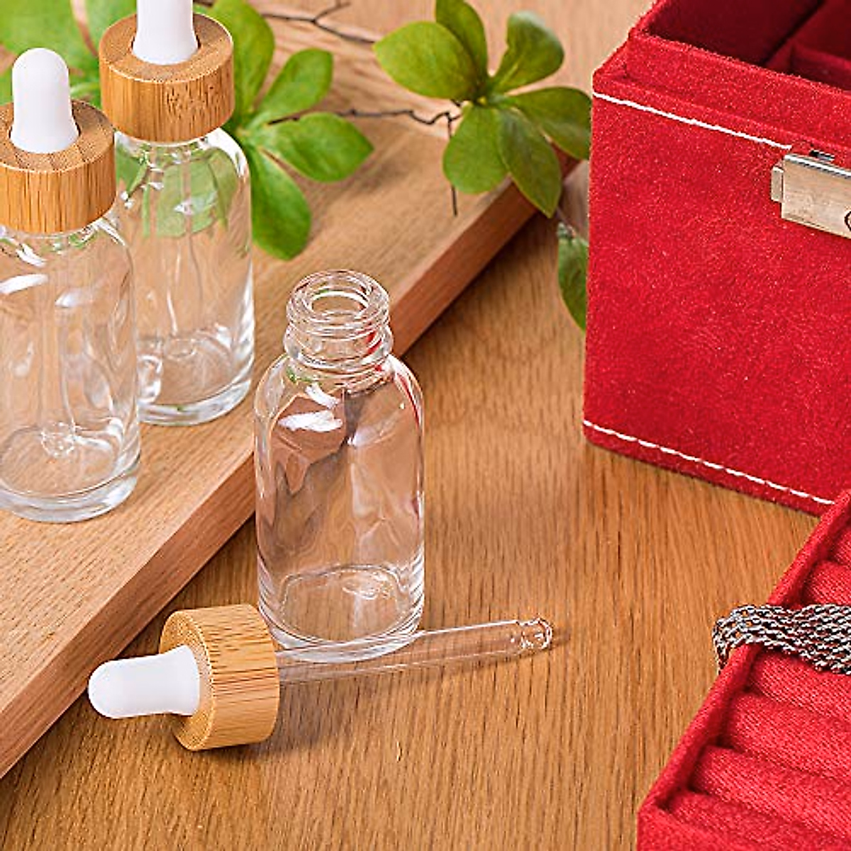 JHCFillé 1oz (30ml) Dropper Bottles, Clear Glass Boston Round Bottle with Bamboo Glass Eye Dropper, Tincture Bottles with Dropper, 6 Pack