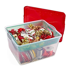 Rubbermaid Cleverstore Clear Holiday 71 Qt Bins with Tray Inserts, Built-In Handles to Maximize Storage, Great for Holiday Decor, Clear Base, Red Lid with Green Tray, Pack of 4
