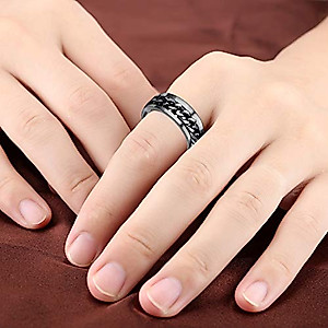 Byhoo 8mm Bottle Opener Finger Ring Rotatable Beer Bottle Cap Opening Tool Remover for Women Men at Party, Inner Chain Spinner of Polished Stainless Titanium Steel Jewelry All Black Size 11 (2 PCS)