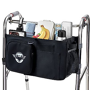 Walker Basket, Monotakou Walker Bag Water Cup Holder, Foldable Walker Storage Bag with Big Capacity & Never Tipping Over, Ideal Gift for Family and Friends - Black (for 2 Wheeled Rollator Walkers)