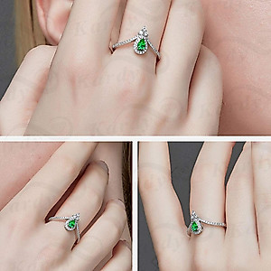 Amazing Elegant Deep V Shape Natural Emerald Gemstone Diamond Solid 14K White Gold Engagement Wedding Promise Ring for Women