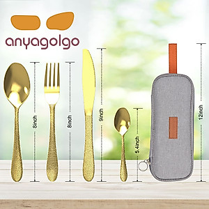 Anyagolgo Travel Utensils Set Stainless Steel Portable Utensils Set with Case Reusable 4pcs Steak Knife,Fork,Spoon,Coffee Spoon,Lunch Utensils with Case for Work Office School Picnic Camping (golden)