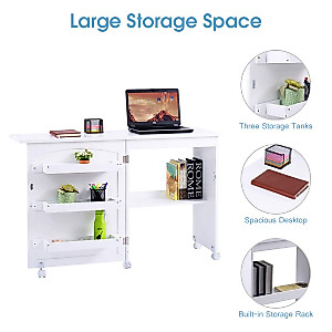 Giantex Folding Desk with Shelves Storage and Lockable Casters Portable Home Desk Apartment Space Saving for Small Spaces, White