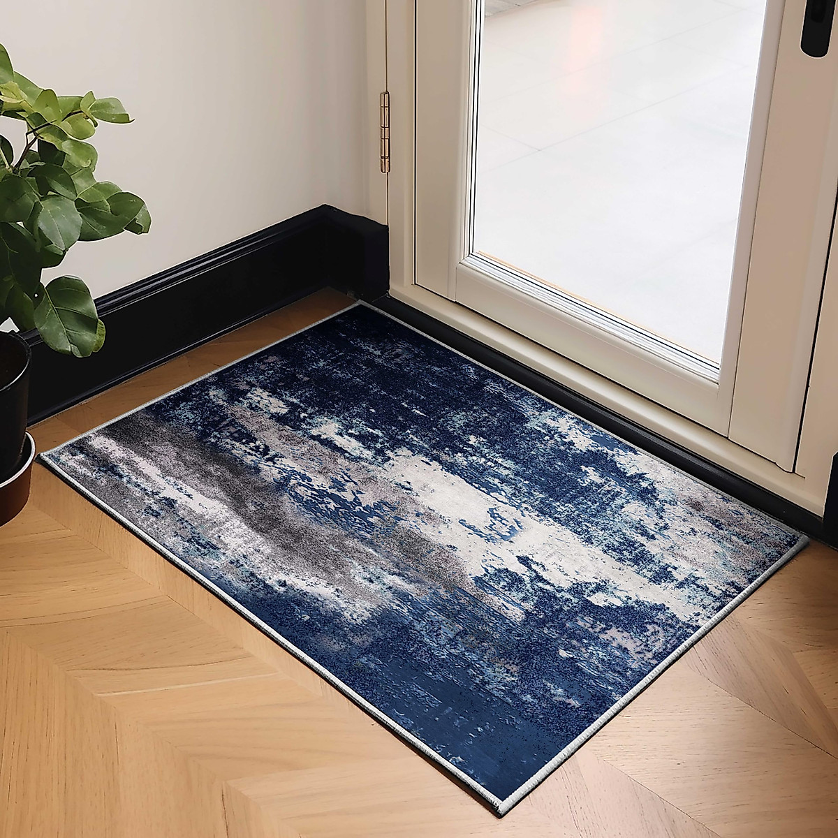 SunNewt 2x3 Rug Modern Abstract Entryway Rug Navy Blue Area Rug Stain Resistant Living Room Rug Non-Shedding Washable Rug Non-Slip Low-Pile Bedroom Rug for Dining Room Kitchen Home Office