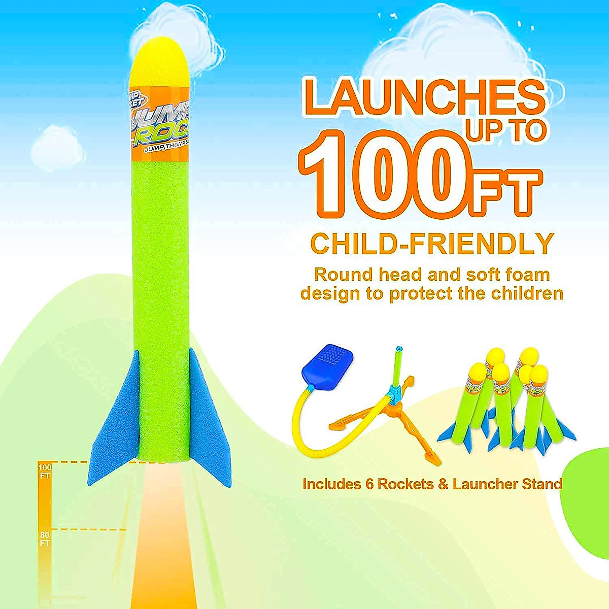 TOY Life Toy Rocket Launcher for Kids with 6 Foam Rockets Refills Air Rocket Launcher for Kids 3-5-7 Shoots Up to 100 Feet Outdoors Outside Toys Gifts for Boys 3 5 4 Year Old Boy Toys
