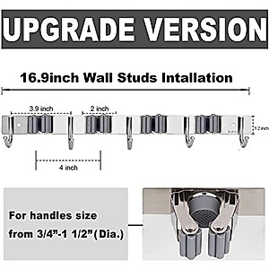 Broom Mop Holder, Wall Mounted Heavy Duty Stainless Steel Storage Rack Organization Tools, Kitchen Garden Garage Or Bathroom Organization and Storage (4 Clip 5 Hook)