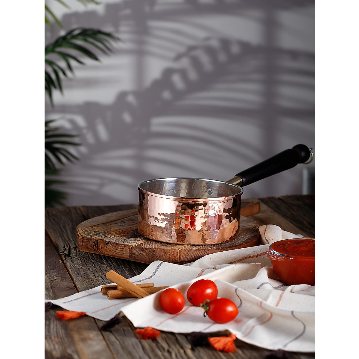 DEMMEX Copper Saucepan & Butter Warmer, 1mm Thick Solid Uncoated Hammered Copper, Wooden Handle, Tin Lined, 100% Handmade (1.2 Quarts-6"x2.8")