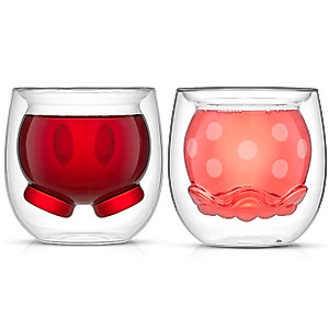 JoyJolt Mickey Pants and Minnie Skirt 3D 7.4oz Double Wall Glass Coffee Cups (2pc). Disney Coffee Mug, Espresso Cups and Tea Cups Collection of Double Wall Glasses and Disney Gifts.