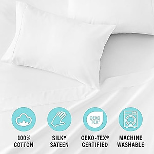 MARTHA STEWART 100% Cotton Queen Sheet Set - 4 Piece, Soft, Smooth, Durable, Easy Care, 16" Deep Pocket Sheets, Bedding Sheets, Sateen Sheet, 1 Flat, 1 Fitted, 2 Pillowcases, White