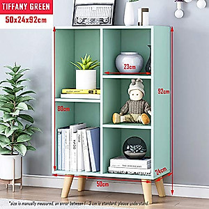 IOTXY Wooden Open Shelf Bookcase - 3-Tier Floorstanding Display Cabinet Rack with Legs, 5 Cubes Free Standing Bookshelf, Tiffany-Green