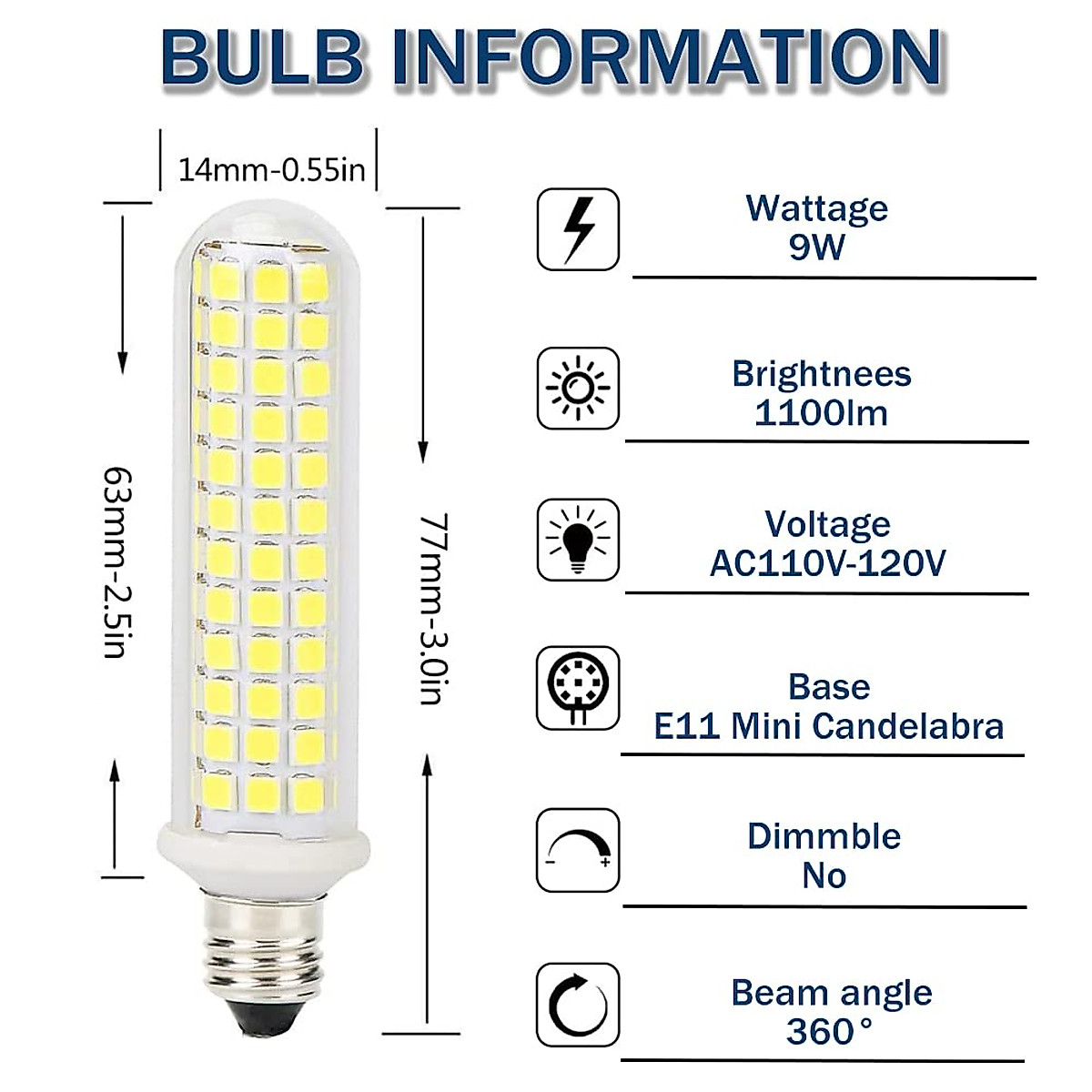 PIPIZHU E11 LED Light Bulb, E11 Mini Candelabra Base 100W Halogen Bulb Replacement, Non-dimmble 9W 1100lm AC110V-120V E11 Light Bulb for Indoor Lighting White 6000k (2 Pack)