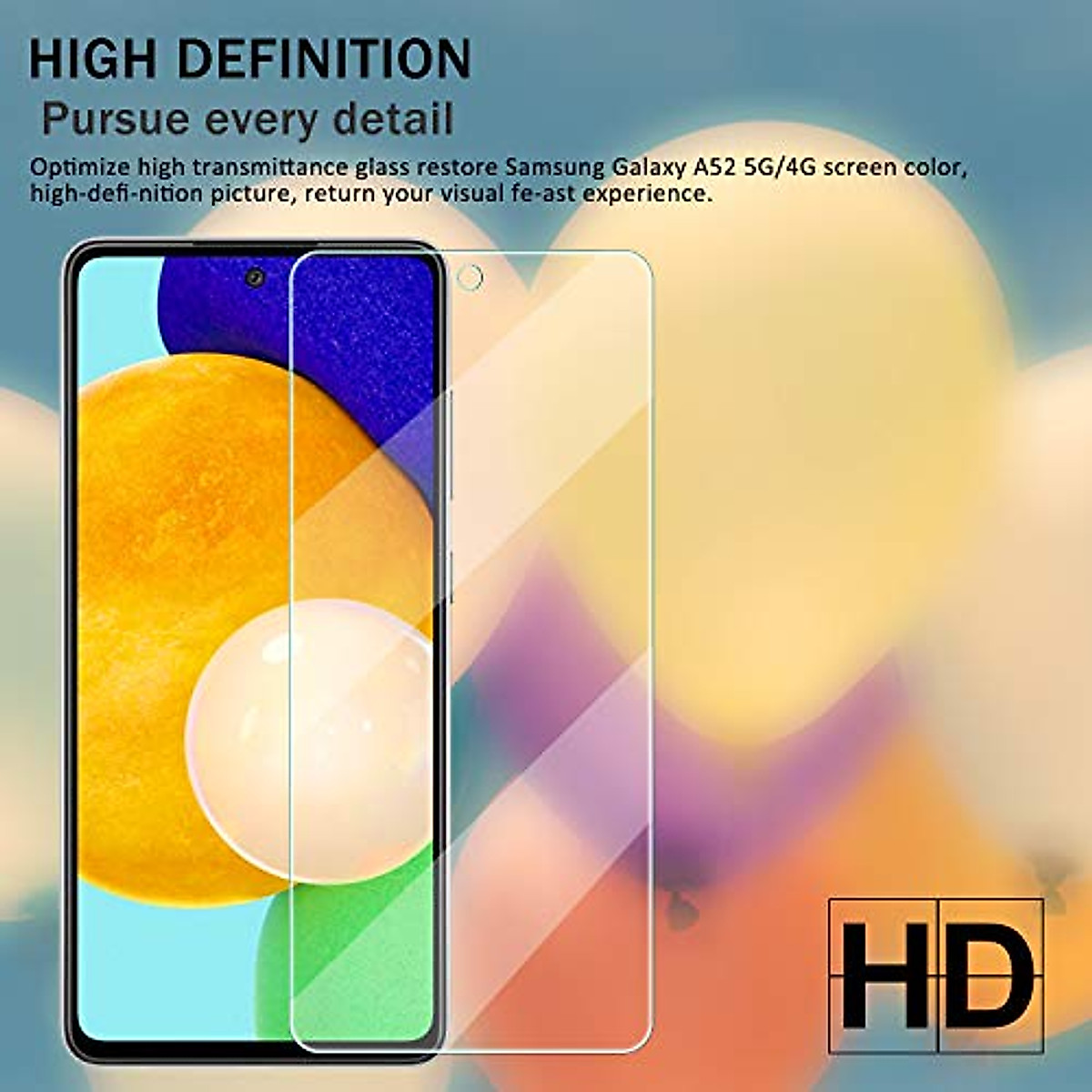 Galaxy A52 HD Clear Tempered Glass Screen Protector + Camera Lens Protectors by YEYEBF, [2+2 Pack] [3D Glass] [Anti-Glare] [Bubble-Free] Screen Protector Glass for Samsung Galaxy A52