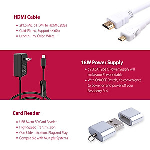 GeeekPi Starter Kit for Raspberry Pi 4 8GB - 128GB Edition, Case with PWM Fan, 18W 5V 3.6A Power Supply with ON/Off Switch, HDMI Cables (8GB RAM)