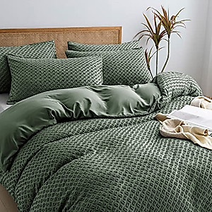JELLYMONI Green Duvet Cover Queen Size - Soft Microfiber Queen Duvet Cover Set with Zipper Closure & Corner Ties, 3 Pieces Rectangle Embroidery Tufted Bedding Set for All Seasons (No Comforter)