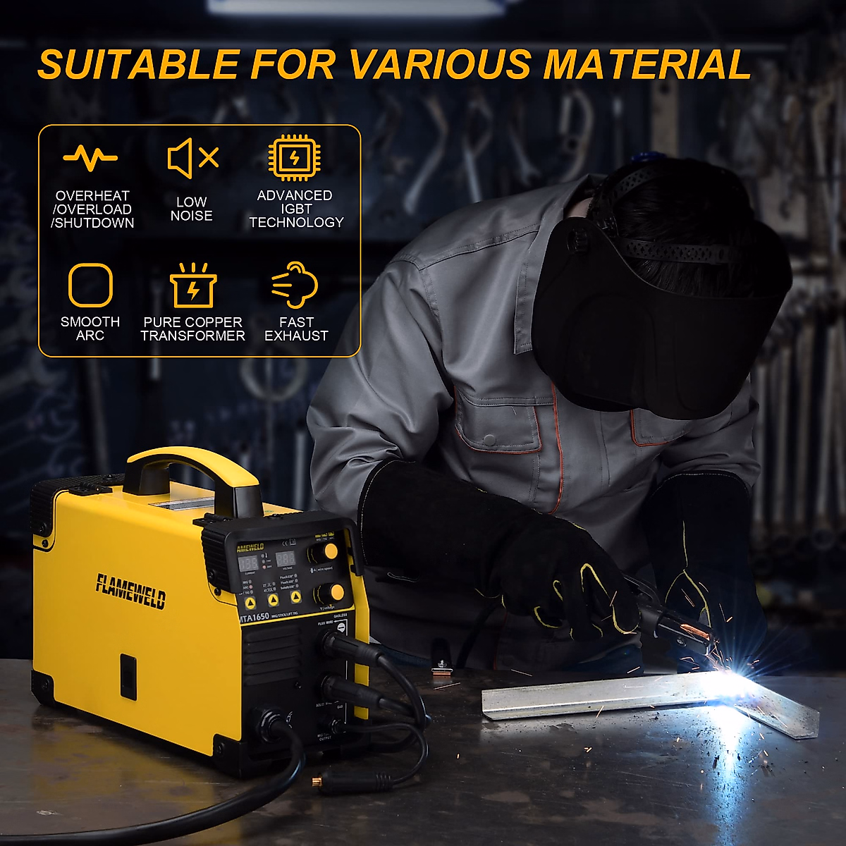 Flameweld MIG ARC TIG 3 In 1 Gas/Gasless MIG Welder Machine, 110/220V MTA1650 Dual Voltage MMA/MIG/Lift Tig Welder, 160Amps MIG Welding Machine
