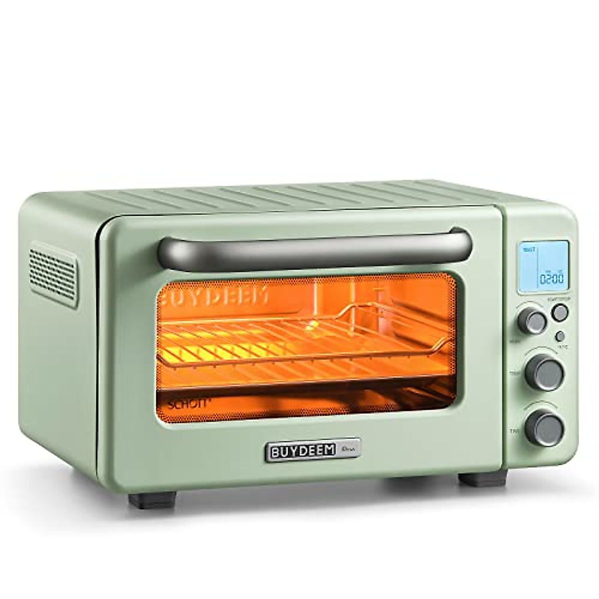 BUYDEEM T103 Multifunction Toaster Oven, No Pre-Heat Needed, 12QT 7-in-1 Mini Smart Digital Toaster Oven with Grill Rack and Baking Tray, 1600W (Cozy Greenish)