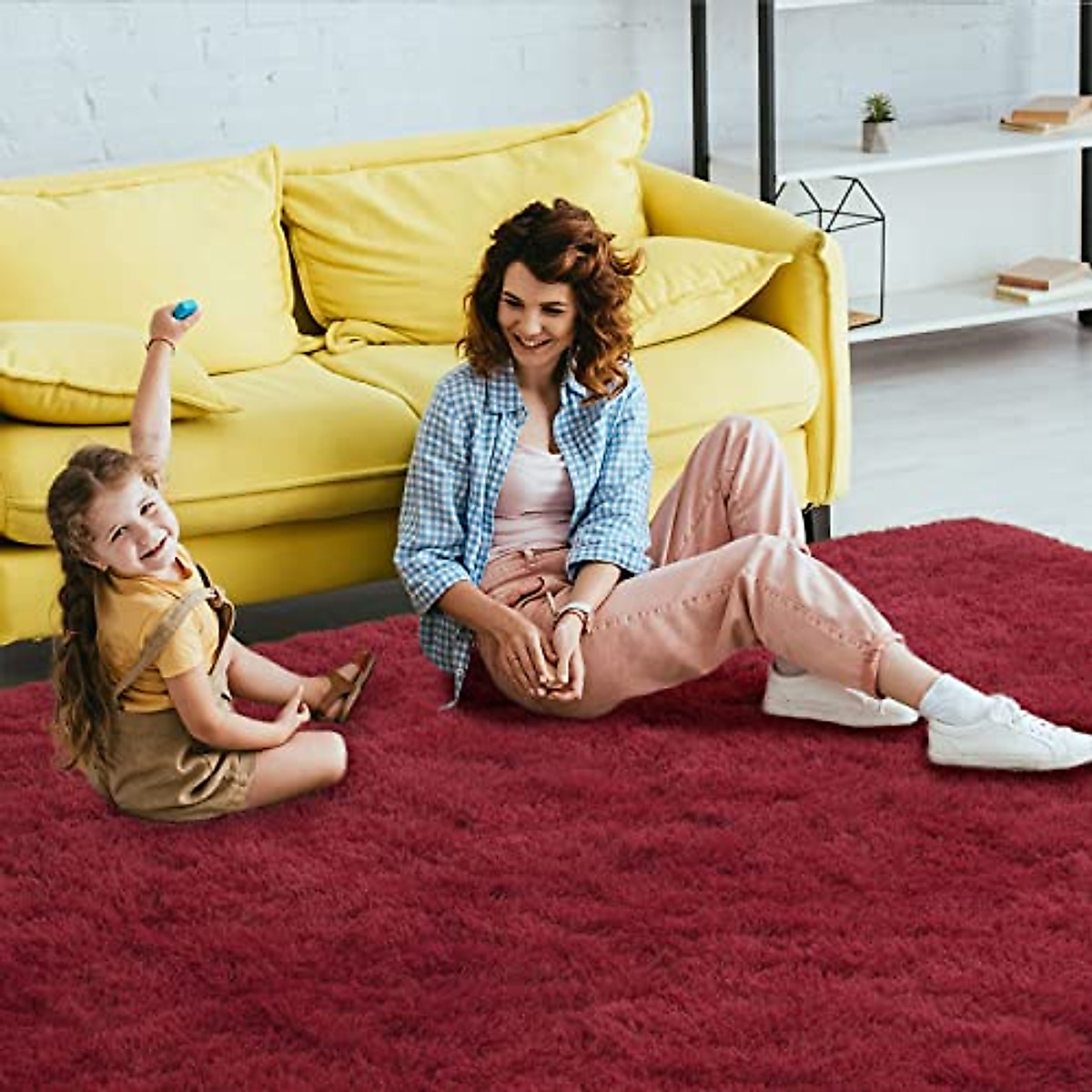 Chicrug Wine Red Fluffy Area Rugs for Living Room Bedroom, Large Area Rug for Kids, Shag Plush Fuzzy Carpet Modern Furry Rug Nursery Playroom Indoor Non Slip Carpet 4x6 Feet