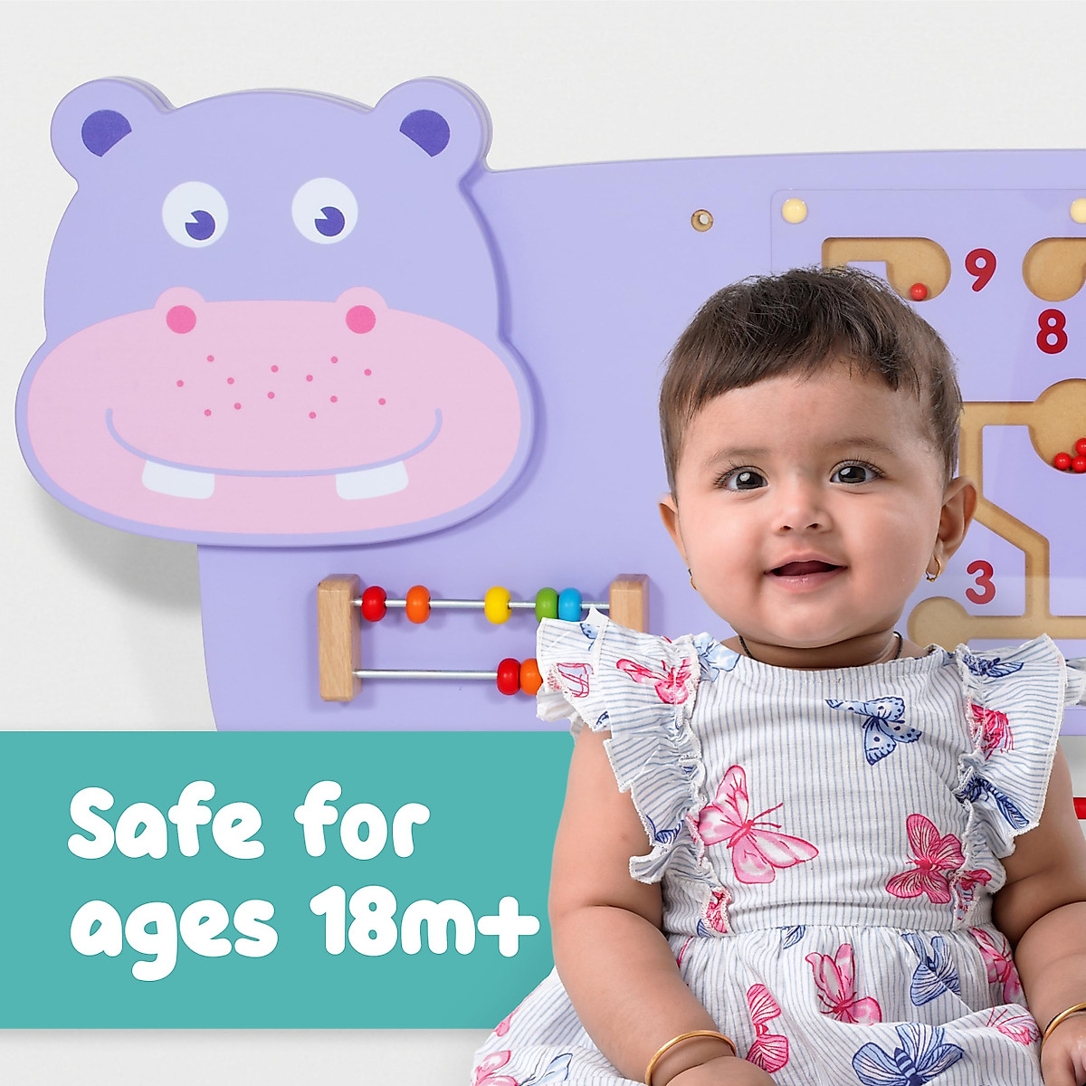 SPARK & WOW Hippo Activity Wall Panel - Ages 18m+ - Montessori Sensory Wall Toy - 3 Activities - Busy Board - Toddler Room Décor