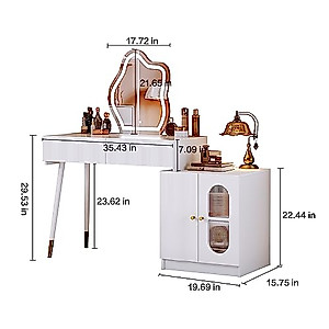 Chrangmay Modern Vanity Desk with Mirror and LED Lights,Retractable Makeup Vanity with 2 Wave Drawers & Cabinet,Writing Desk,for Bedroom,Bathroom, Gift for Girls and Women,White