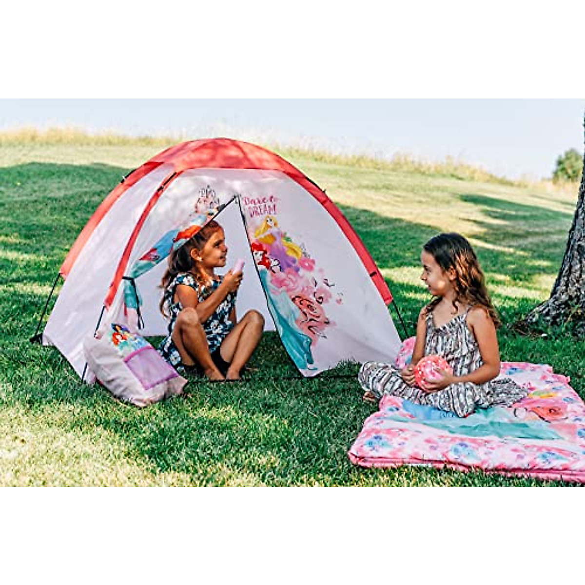 Exxel Outdoors Disney Princess Kids Camp Set - Tent, Backpack, Sleeping Bag and Flashlight - 4 Piece Indoor/Outdoor Princess Kids Set,Multi,D-4SLGFL20PRN