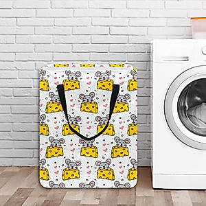 Laundry Baskets with Handles Foldable Doodle Mouse and Cheese Print Storage Hamper for Adult Kids Teen Bedrooms Bathroom Dirty Clothes Sorter