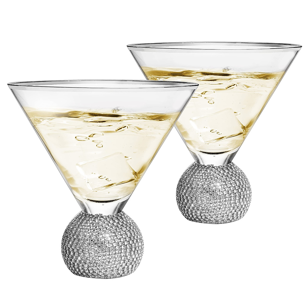 The Wine Savant Wedding Diamond Studded Martini & Cocktail Glasses Set of 2 Matte Silver Glasses, Rhinestone Diamonds Stemless Crystal Ball Base, Bar or Party 10.5 oz, Shiny Style Glass