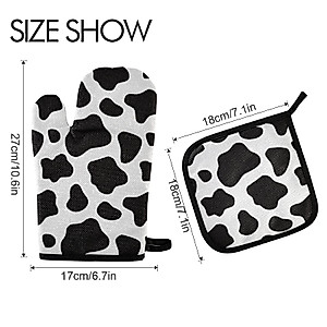 Oven Mitts and Pot Holders Set High Insulated Oven Gloves with Heat Insulation Pad Cow Print Soft Cotton Lining and Non-Slip Surface Kitchen Mitten for Safe BBQ Cooking Baking