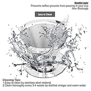 Hanlomele Pour Over Coffee Dripper, Paperless Reusable Coffee Filter, Pour Over Coffee Maker for Single Cup Brew, Double Mesh Design of Stainless Steel Cone Filter for Perfect Extraction (1-2 Cup)