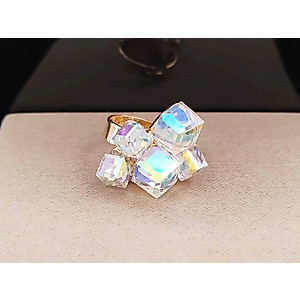 Boho Square Crystal Statement Ring for Women Girls Gold Plated Adjustable Expandable Promise Engagement Geometric Rings Comfort Fit Elegant Art Deco Birthday Christmas Cocktail Party Y2K Jewelry Gift