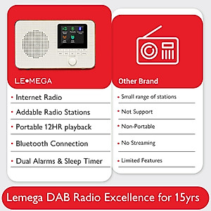 LEMEGA IR1 Portable WiFi Internet Radio,FM Digital Radio,Bluetooth Speaker,Dual Alarms Clock,Sleep Snooze Timer,40 Presets, Headphone-Output,Colour Display,Batteries or Mains Powered – Walnut Finish