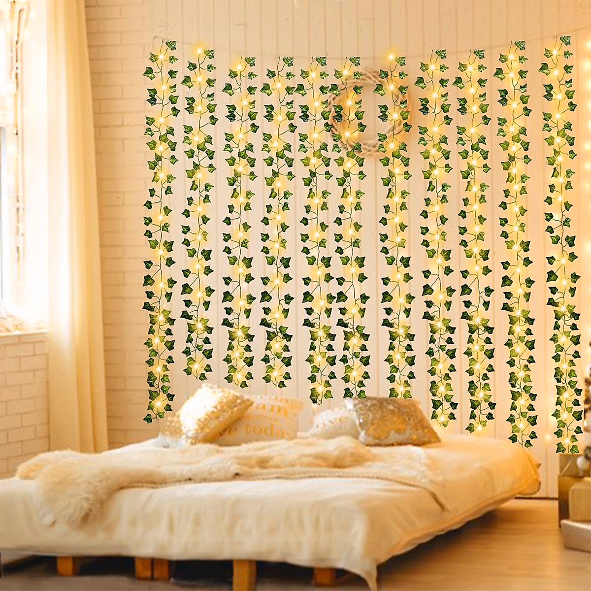 [ Timer ] Fake Ivy Vines 12 Pack 84Ft with 100 LED Vines with Lights Large & Small Thick Leaves String Lights Hanging Ivy Vines Lights for Bedroom Gardens Wedding Wall Room Decor