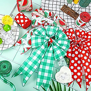 4 Rolls 20 Yards x 2.5 Inch Wired Ribbons Watermelon Printed Ribbons Check Plaid Dot Pattern Green Red Ribbons for Summer Wreaths, Wrapping, Floral Arrangements and DIY Crafting Supplies, 4 Styles