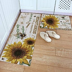 2 Pieces Kitchen Rugs and Mats Set PVC Leather Floor Mat Sunflower You Are My Sunshine My Only Sunshine Bumblebee Butterfly Wooden Board Comfort Floor Mat Rug Waterproof Non-Slip Mat Standing Desk Set