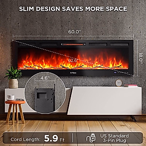 TURBRO 60” Smart WiFi Infrared Electric Fireplace with Sound Crackling and Realistic Flame, 1500W Quartz Heater, Recessed or Wall Mounted, Adjustable Flame Effects, Remote Control and App, in Flames
