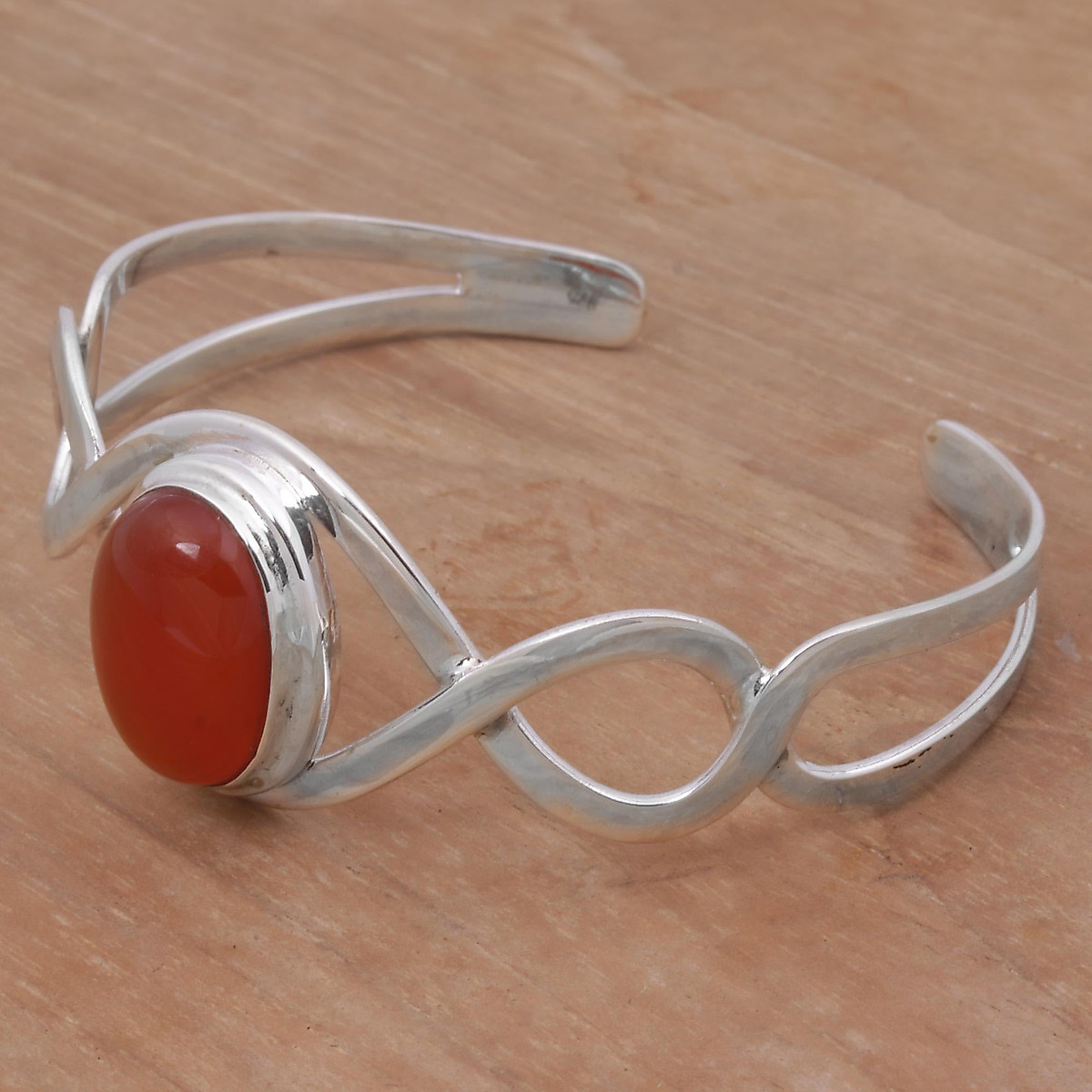 NOVICA Artisan Carnelian Cuff Bracelet and Sterling Silver from Indonesia Red Flame Birthstone [6 in L (end to End) x 1.1 in W] ' Dna in Scarlet'