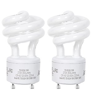 JACKYLED UL-Listed GU24 CFL Light Bulbs, T3 13W 2700K Warm White GU24 Base Compact Flourescent Bulbs, Energy Efficient 900lm Spiral Bulb, 2-Pack