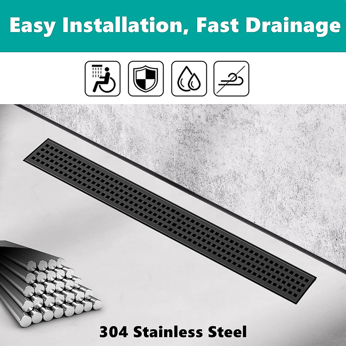 BARONAGE Linear Shower Drain 24 Inch with Removable Square Hole Pattern Cover Grate, 304 Stainless Steel Black Shower Floor Drain Watermark & CUPC Certified Include Accessories