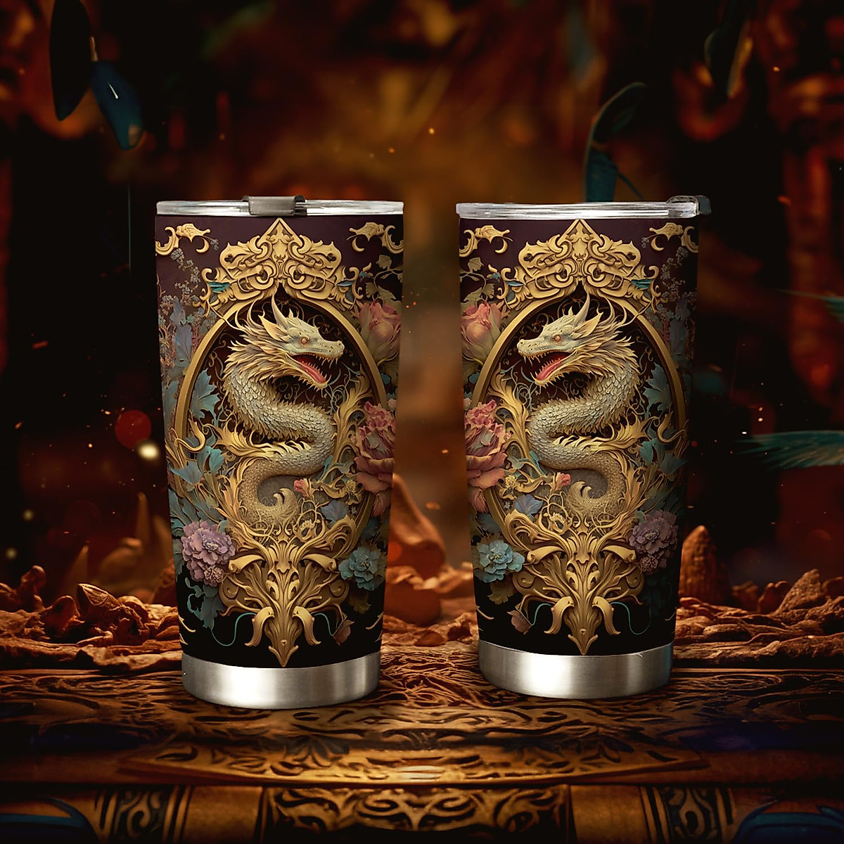 20oz Vintage Flower Dragon Tumbler, Gaming, Gamers Gifts for Dragon Lovers, Coffee Thermos for Women, Stainless Steel Double Wall Vacuum Insulated Coffee Mug, Travel Cup with Lid