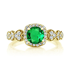 Gem Stone King 18K Yellow Gold Plated Silver Green Simulated Emerald Women Engagement Ring (1.09 Cttw, Round 6MM, Available in size 5, 6, 7, 8, 9)
