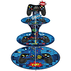 3-Tier Video Game Cupcake Stand Reusable Mini Game Theme Cake Stand Cardboard Gamer Cupcake Holder Stand for Birthday Theme Party Supplies Dessert Stand (Blue, Classic Style)
