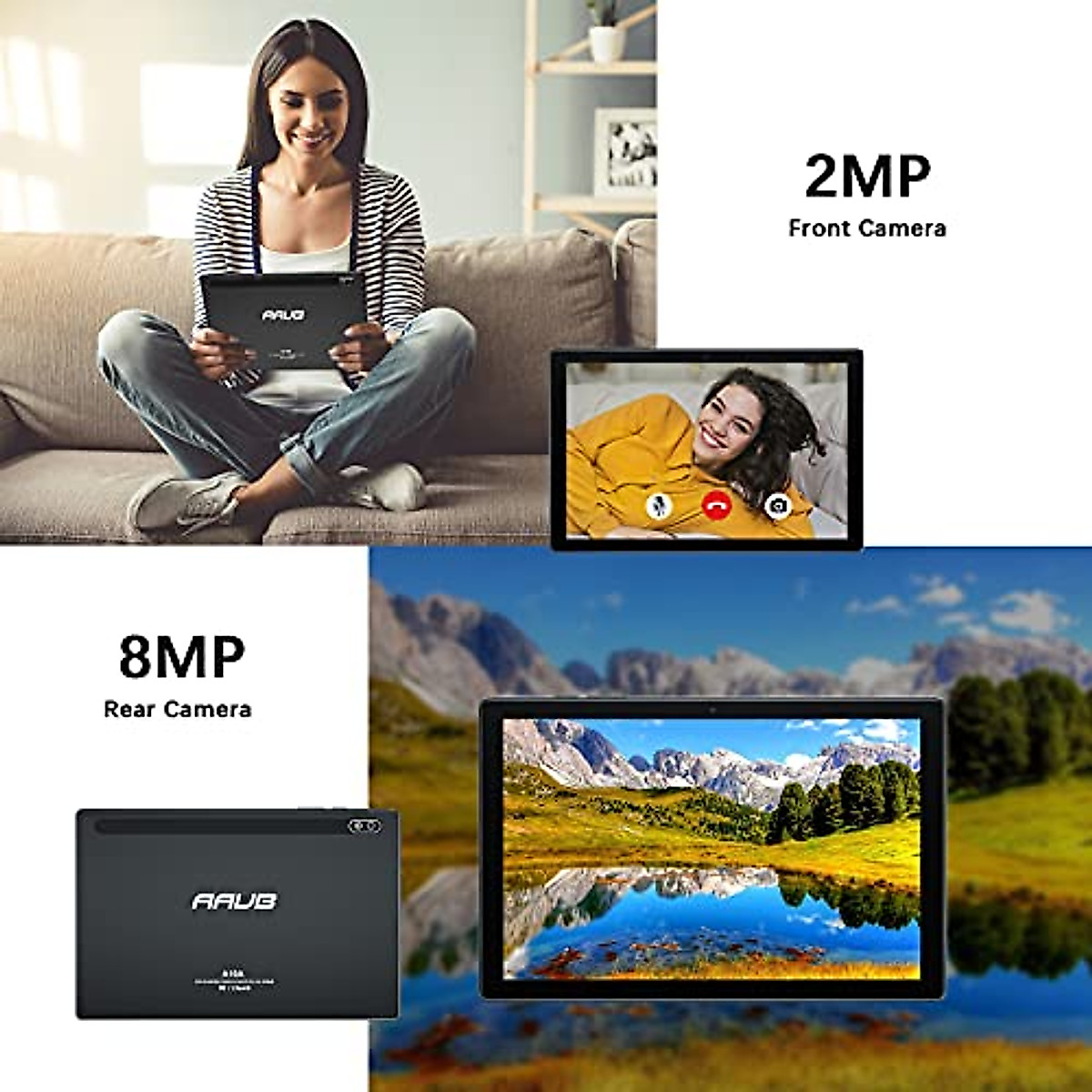 AAUB Tablet Android 10 Inch with 32GB Storage, 1280x800 HD Touchscreen, Dual Camera 2MP + 8MP,6000mAh Battery, WiFi & Bluetooth, Easy to Operate Support Microsoft Office Software Black