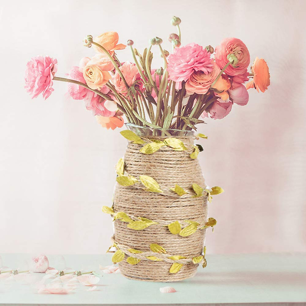 YuCool 3 Rolls 98 Feet 5MM Gold Burlap Leaf Ribbon, with Artificial Green Leaves Braided Decorated Vine for Jungle Party Wedding Garden Home Decor