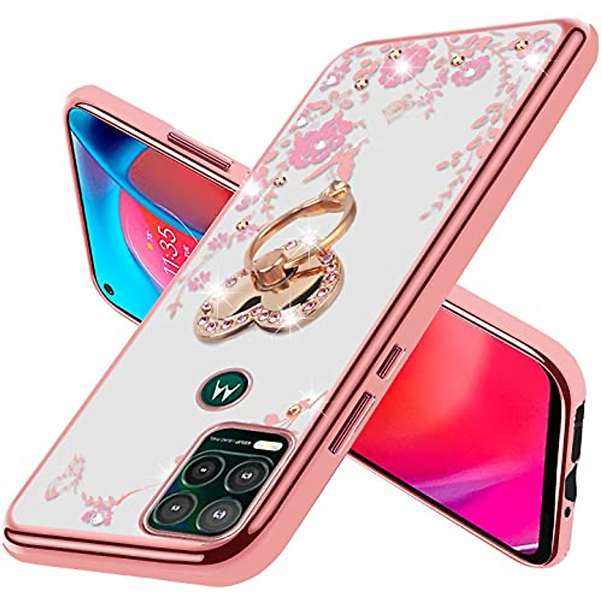 for Moto G Stylus 5G Case for Women, Motorola G Stylus 5G Case Glitter Crystal Butterfly Heart Floral Slim TPU Luxury Bling Cute Protective Cover with Kickstand+Strap for Moto G Stylus 5G-Rose Gold