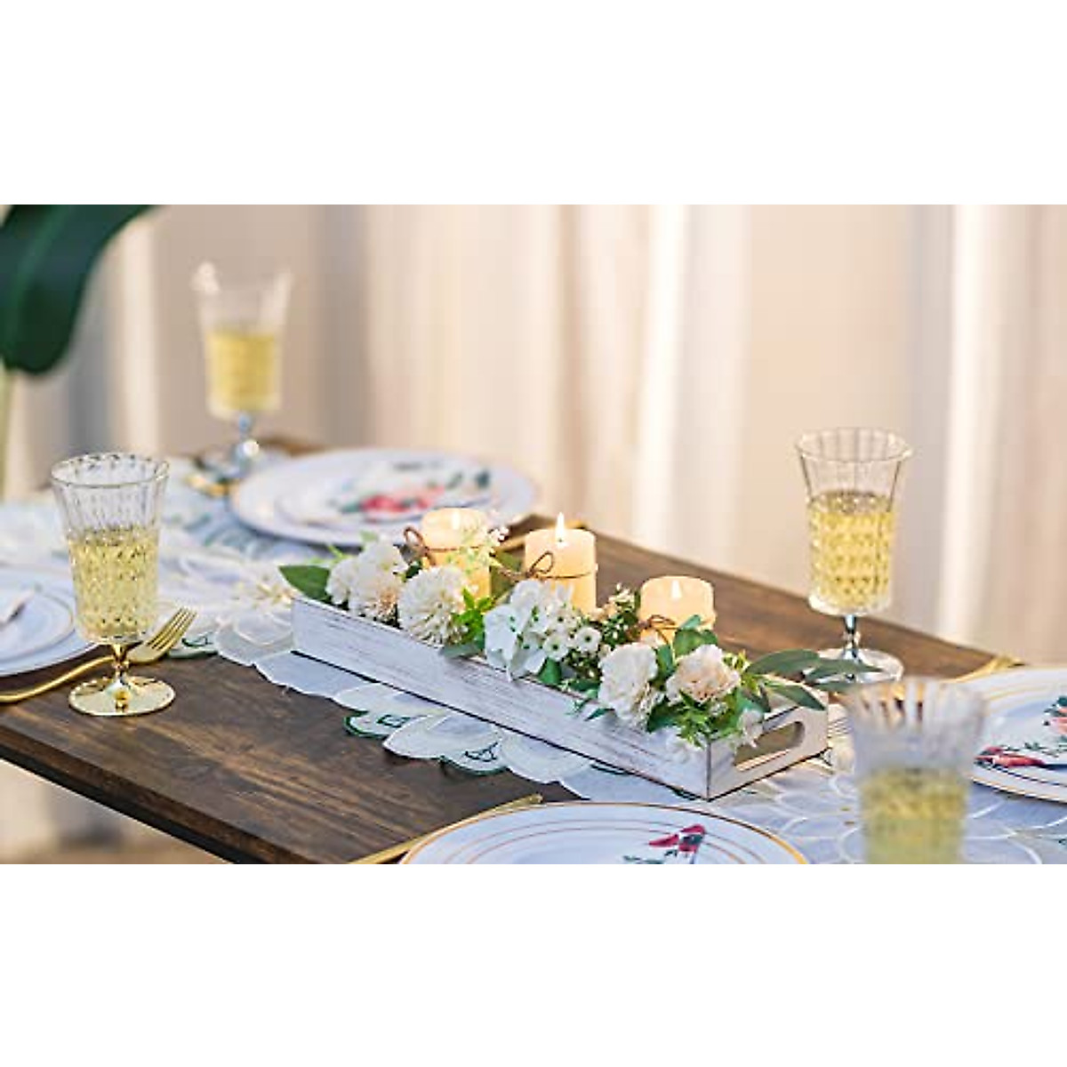 Hanobe Decorative Wooden ServingTray: Rustic Long Narrow Centerpiece Farmhouse Wood Candle Holder Trays with Cutout Handles Rectangular Coffee Table Tray for Living Room Kitchen Home Decor, White