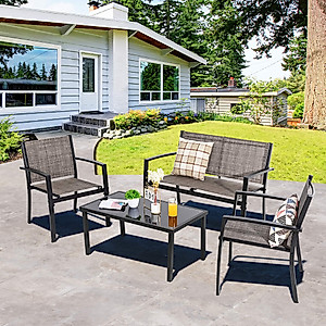 Shintenchi 4 Pieces Patio Furniture Set All Weather Textile Fabric Outdoor Conversation Set, with Glass Coffee Table, Loveseat, 2 Single Chairs for Home, Garden, Lawn, Porch (Brown）