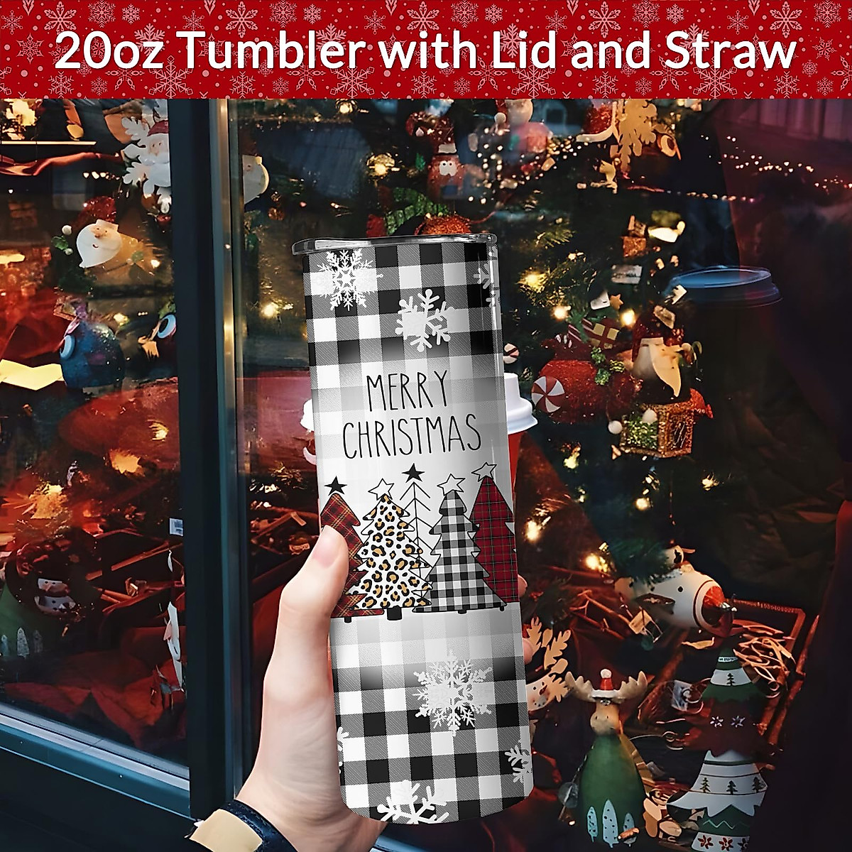 20 oz Christmas Skinny Tumblers with Lid and Straw, Buffalo Christmas Tree Stainless Steel Vacuum Insulated Travel Coffee Mug Cup Water Bottle, Christmas Decor Stuff Accessories Gifts for Women