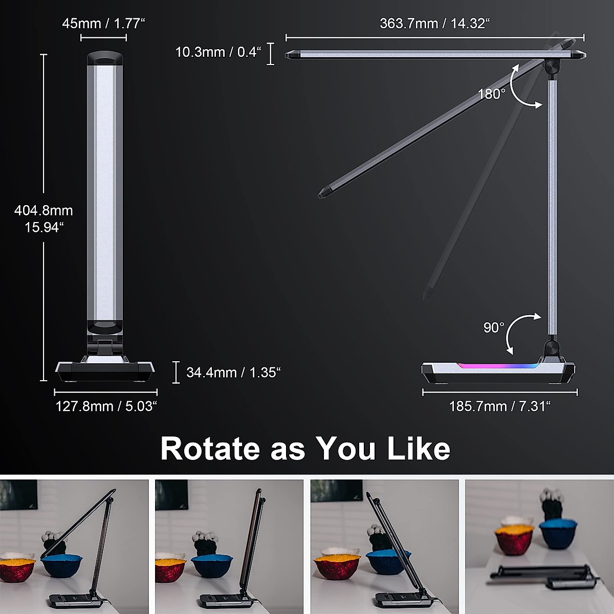 Yeslamp LED Desk Lamp with 10W Wireless and 24W USB-C Fast Charging, Ace RGB Dynamic, Natural Spectrum Desk Light,6 RGB Lighting Modes/Music Rhythm, Perfect for Gaming Setup, Live Video, Study, Home